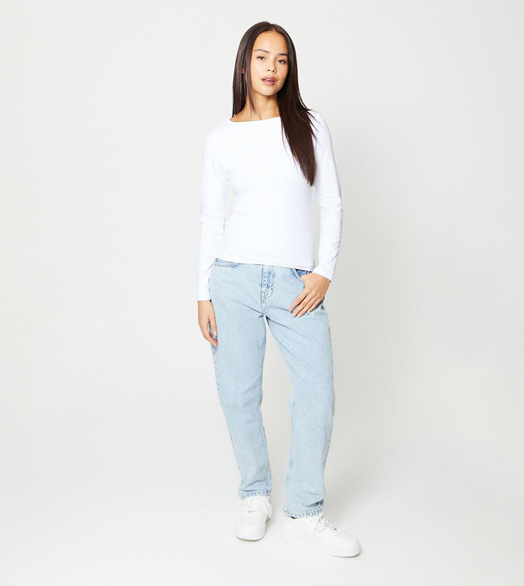 Buy Oasis Petite Plain Slash Neck Jersey Top In White | 6thStreet Kuwait