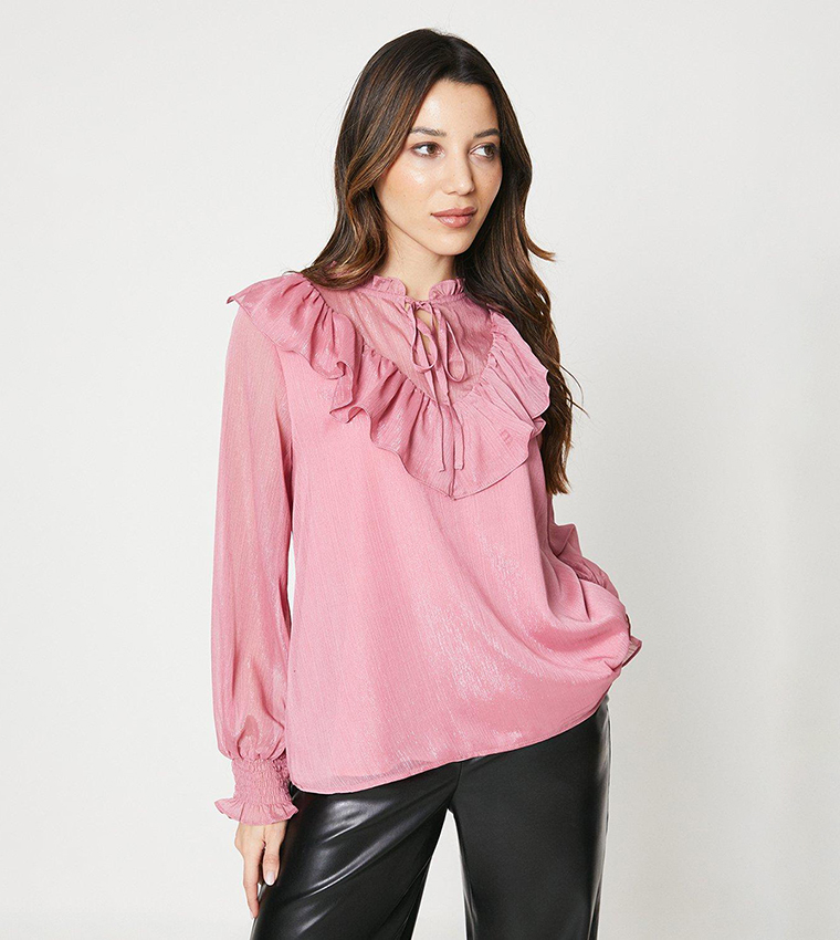 Buy Oasis Metallic Ruffle Neck Top In Rose | 6thStreet Qatar