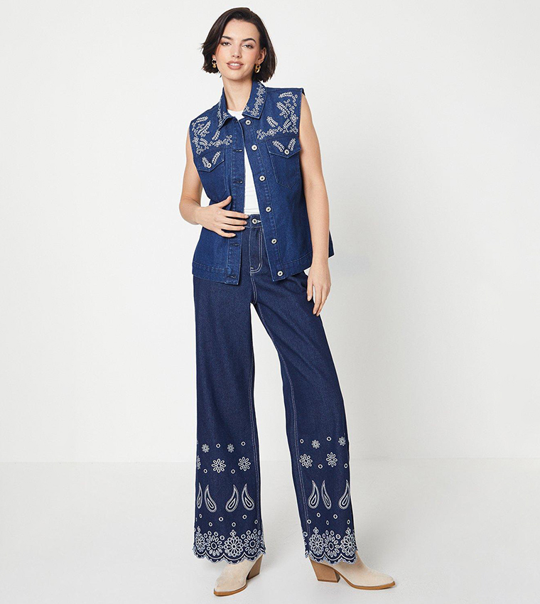 Buy Oasis Cutwork Embroidered Denim Gilet In Blue | 6thStreet UAE