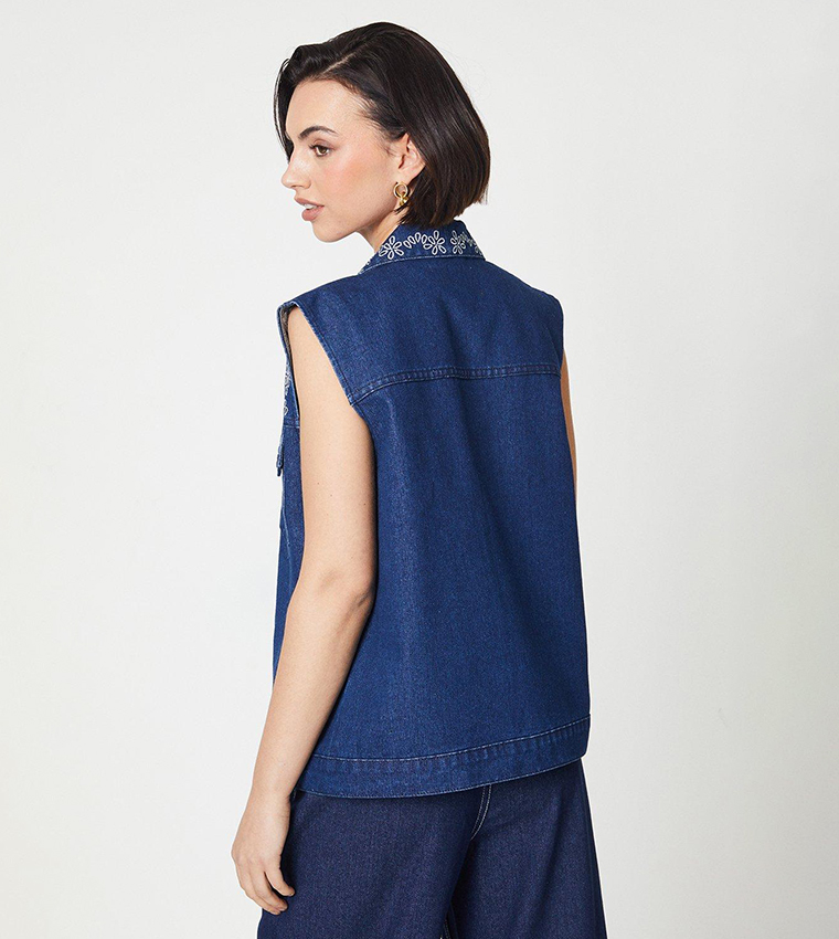 Buy Oasis Cutwork Embroidered Denim Gilet In Blue | 6thStreet UAE
