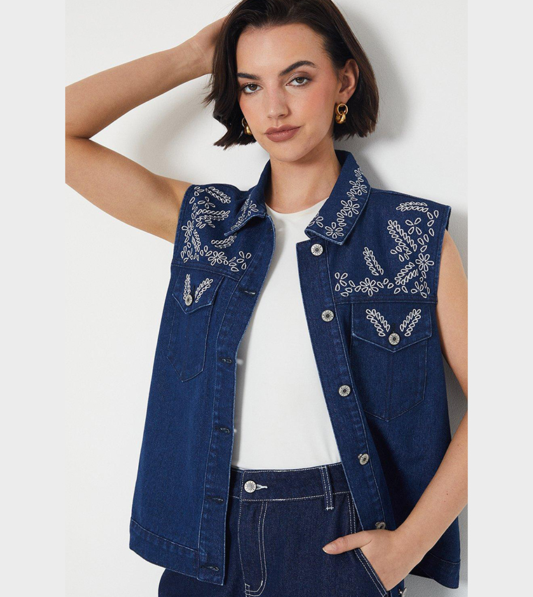 Buy Oasis Cutwork Embroidered Denim Gilet In Blue | 6thStreet UAE