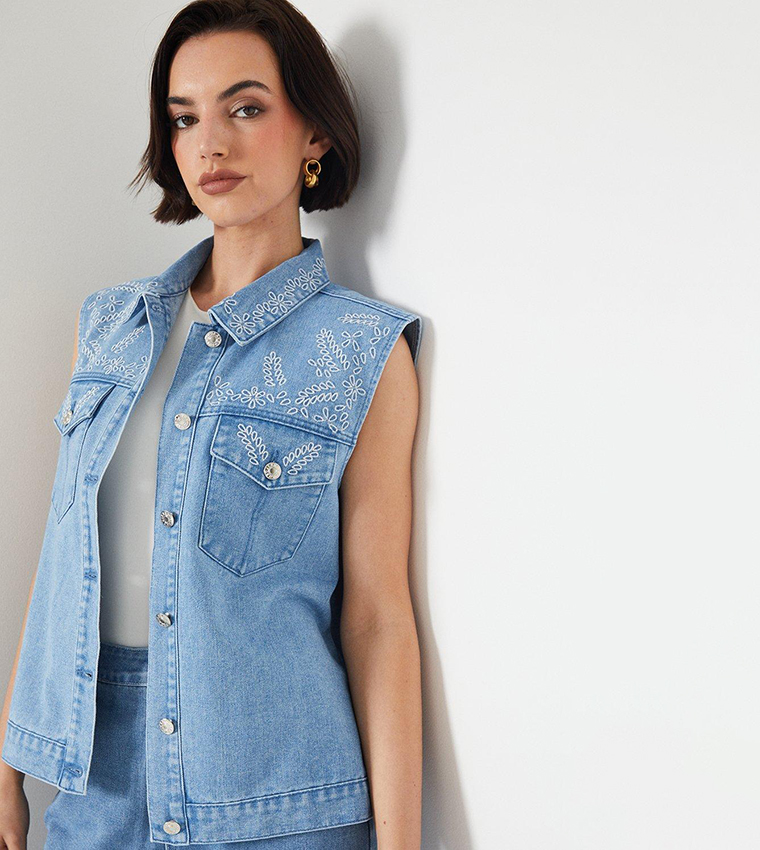 Buy Oasis Cutwork Embroidered Denim Gilet In Blue | 6thStreet Qatar