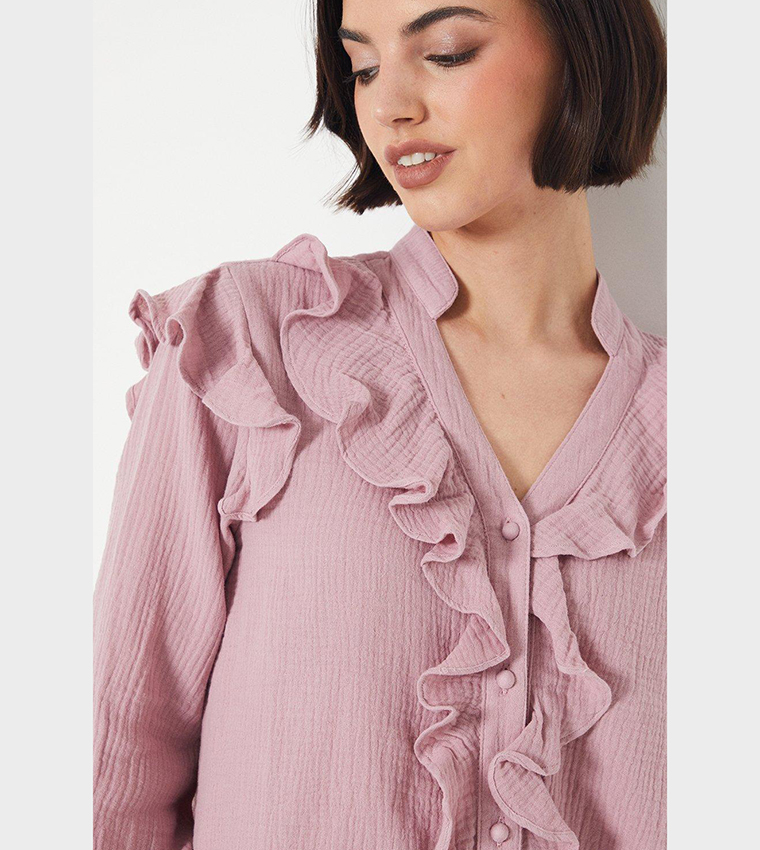 Buy Oasis Muslin Ruffle Button Through Top In Pink | 6thStreet Saudi Arabia
