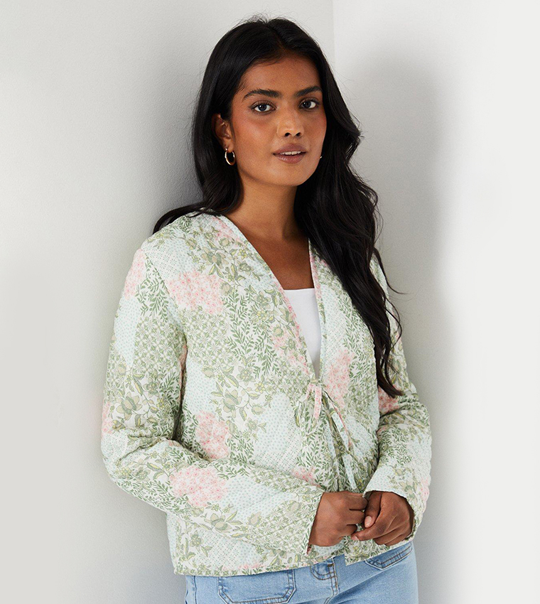 Buy Oasis Printed Tie Front Quilted Jacket In Multiple Colors ...