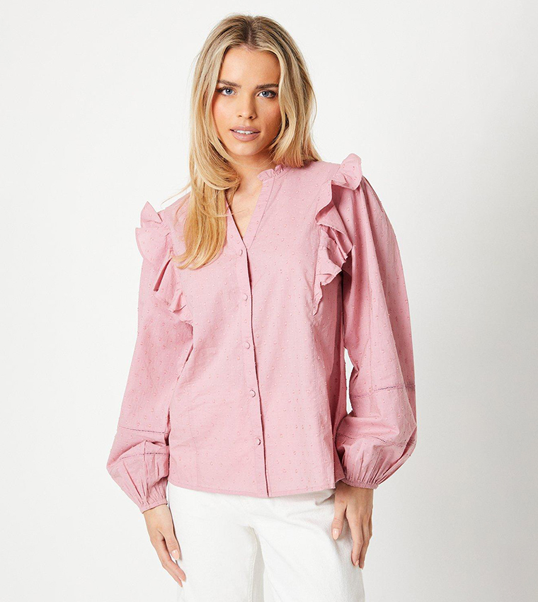 Buy Oasis Petite Frill Sleeves Button Through Top In Pink | 6thStreet UAE