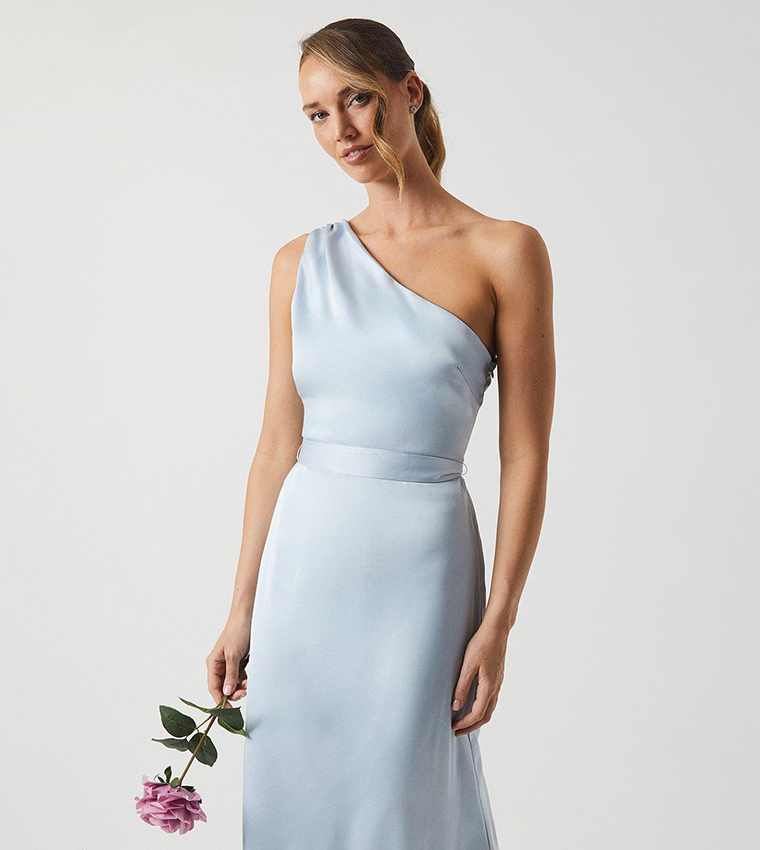 Buy Oasis One Shoulder Satin Maxi Bridesmaid Dress In Light Blue ...