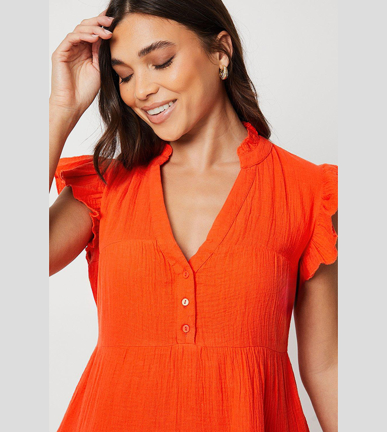 Buy Oasis Petite Textured Muslin Frill Sleeves Tiered Mini Dress In ...