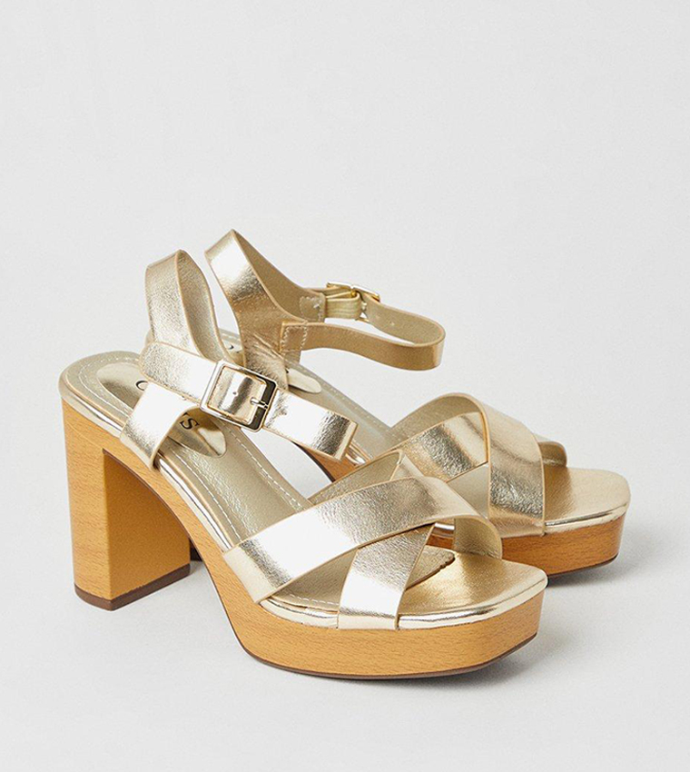 Buy Oasis Madeline Cross Strap Platform Heel Sandals In Gold ...