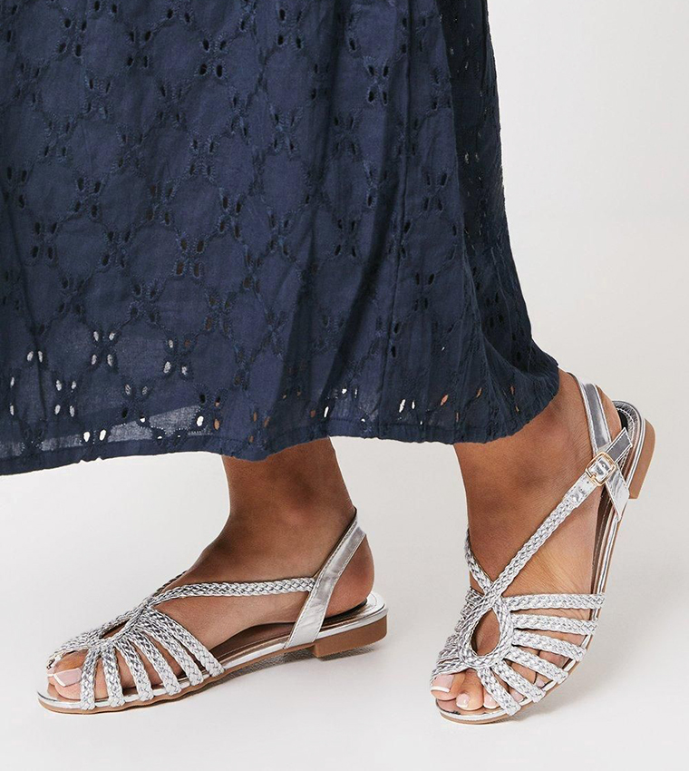 Buy Oasis Bronte Plaited Slingback Peep Toe Flat Sandals In Silver ...