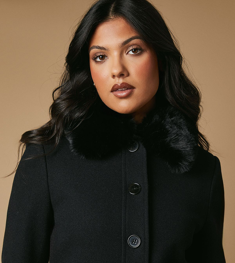 Buy Oasis Faux Wool Button Through Dolly Coat In Black | 6thStreet Bahrain