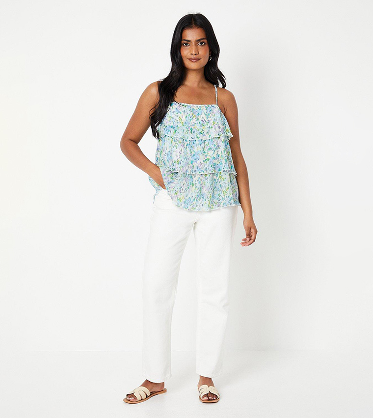 Buy Oasis Floral Tiered Pleat Strappy Top In Blue | 6thStreet Bahrain