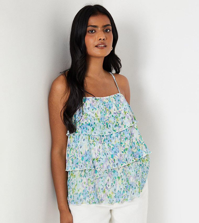 Buy Oasis Floral Tiered Pleat Strappy Top In Blue | 6thStreet Bahrain