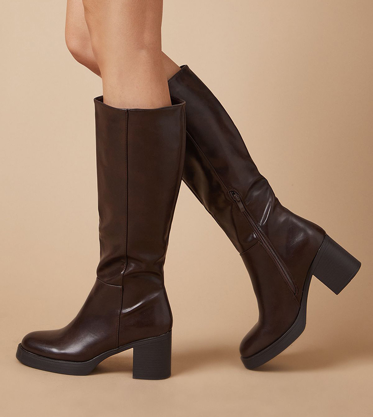 Buy Oasis Katrina Block Heel Platform Knee Boots In Brown | 6thStreet UAE