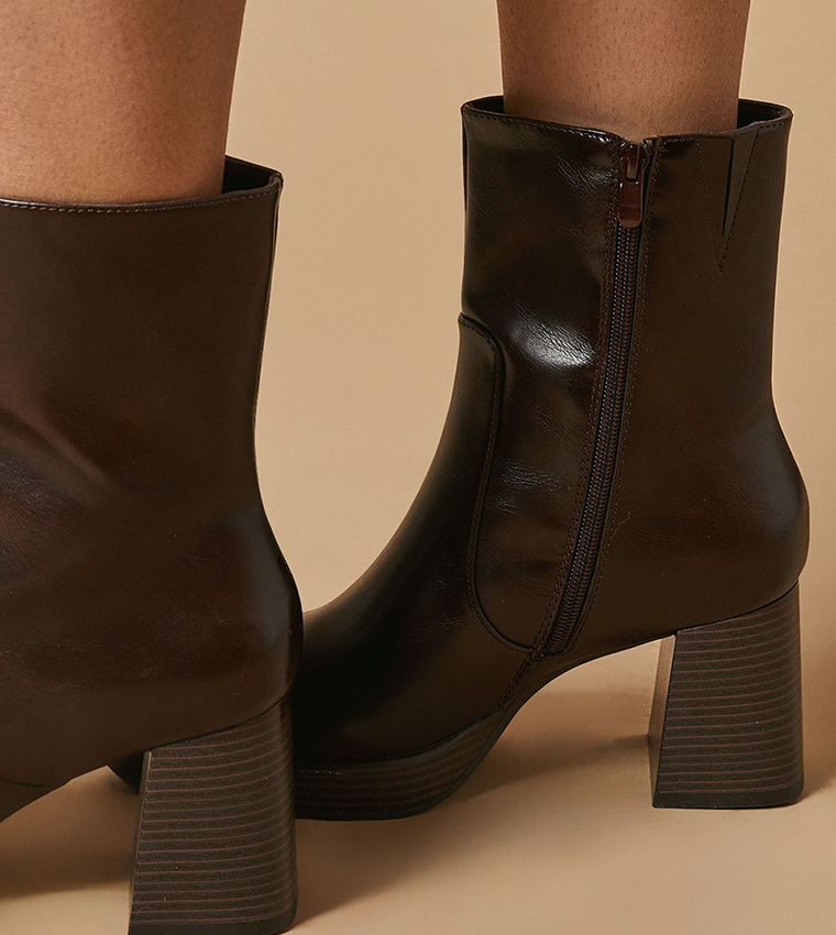 Buy Oasis Mairead Block Heel High Shine Platform Ankle Boots In Brown ...