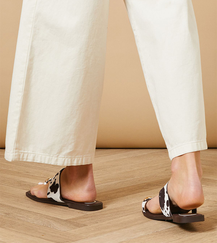 Buy Oasis Fizz Faux Cow Print Suede Embellished Toe Loop Flat Sandals ...