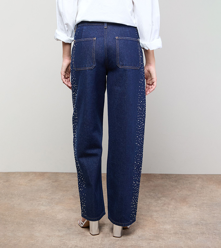 Buy Oasis Hotfix Pocket Detail Wide Leg Jeans In DARK NAVY | 6thStreet ...