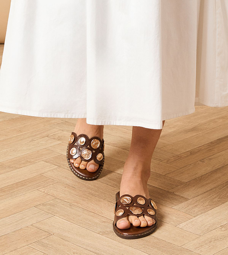 Buy Oasis Mandy Faux Leather Metal Detail Slide Sandals In Brown ...