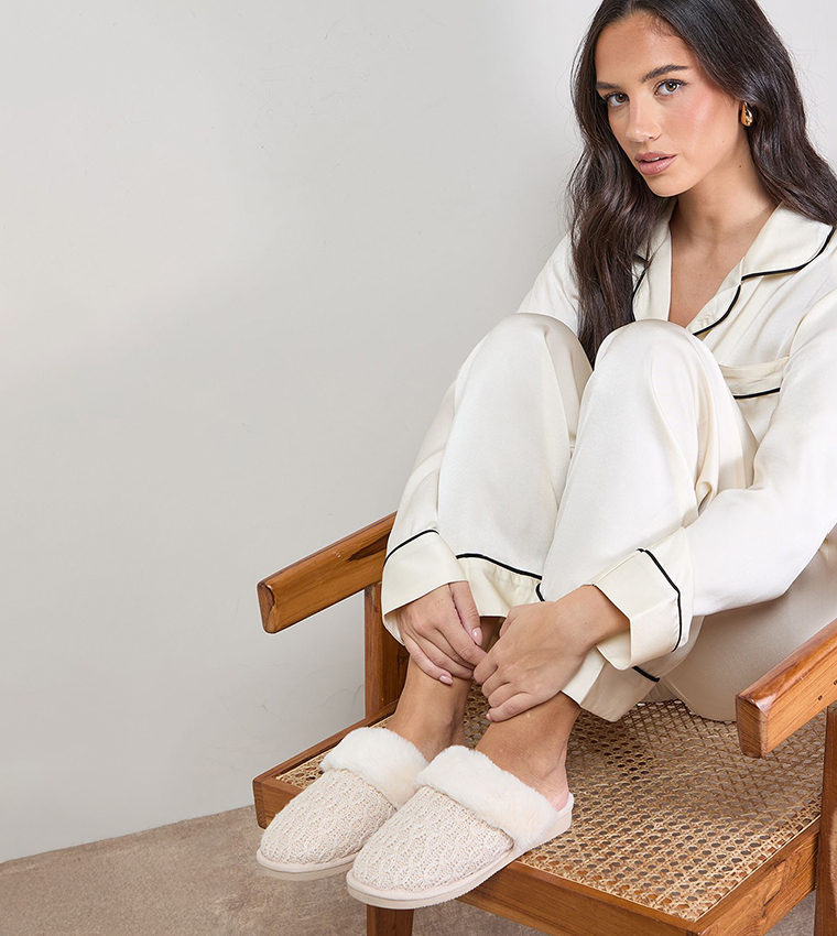 Buy Oasis Monisha Knit Faux Fur Lined Mule Bedroom Slippers In Beige ...