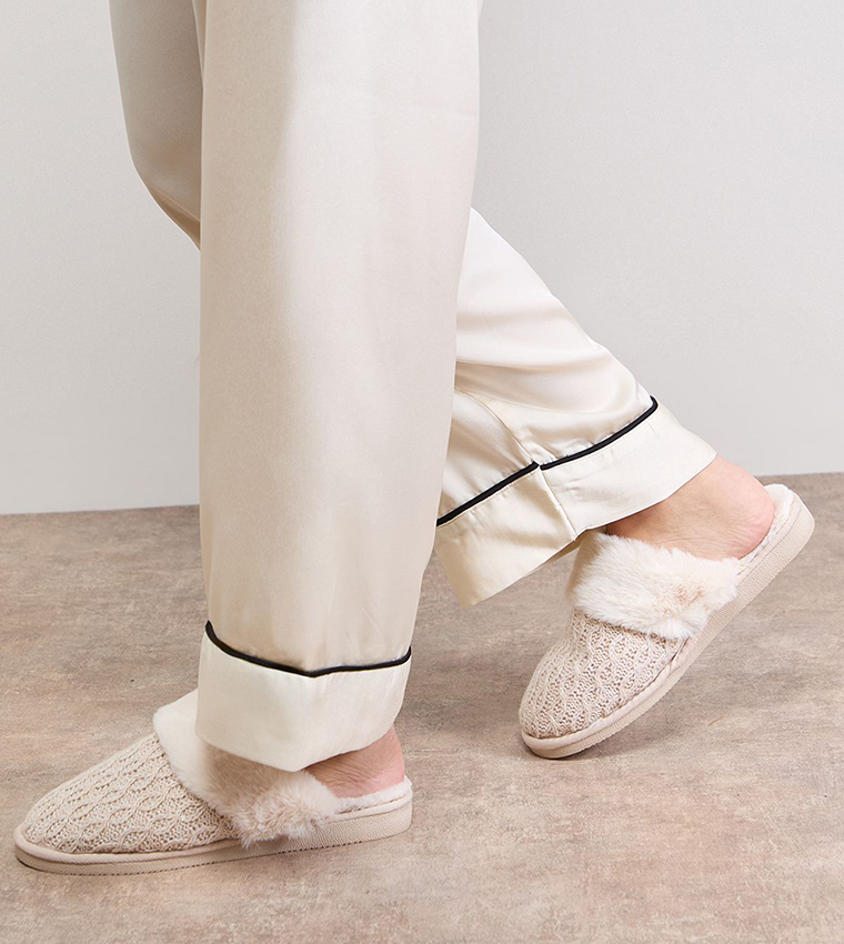 Buy Oasis Monisha Knit Faux Fur Lined Mule Bedroom Slippers In Beige ...