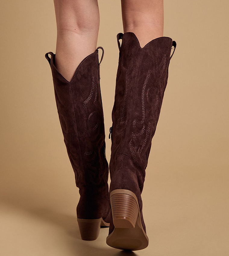 Buy Oasis Jess Faux Suede Embroidered Western Knee High Boots In Brown ...