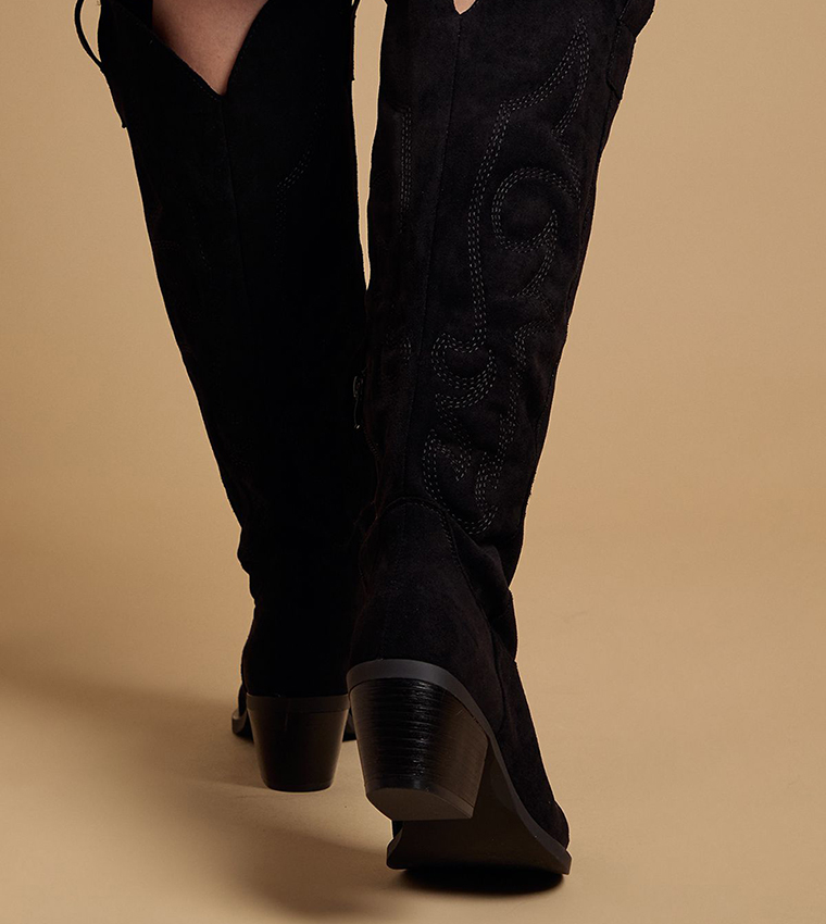 Buy Oasis Jess Faux Suede Embroidered Western Knee High Boots In Black ...