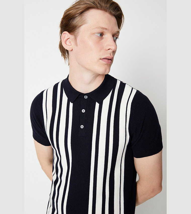 Buy Burton Moss Stitch Placement Striped Knitted Polo T Shirt In Navy | 6thStreet UAE