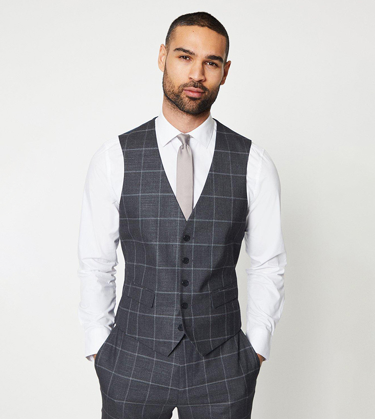 Buy Burton Slim Windowpane Check Waistcoat In CHARCOAL | 6thStreet Qatar
