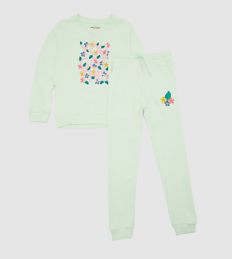 Buy Adams Kids 2 Piece You Got This Embroidered Jog Set In Green ...