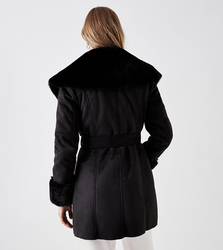 Buy Coast Faux Shearling Collar Belted Short Coat In Black | 6thStreet ...
