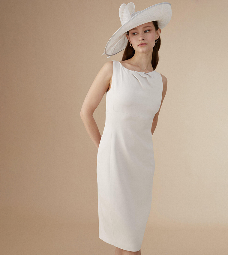 Buy Coast Lisa Tan Premium Pencil Dress With Pleat Neck In Grey ...