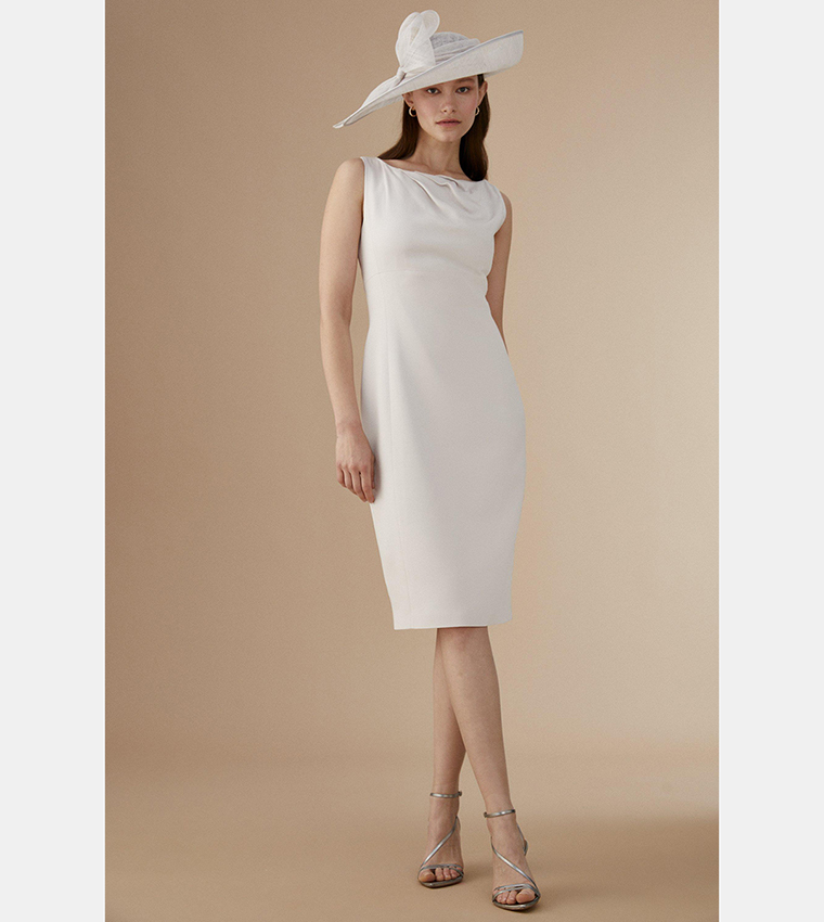 Buy Coast Lisa Tan Premium Pencil Dress With Pleat Neck In Grey ...