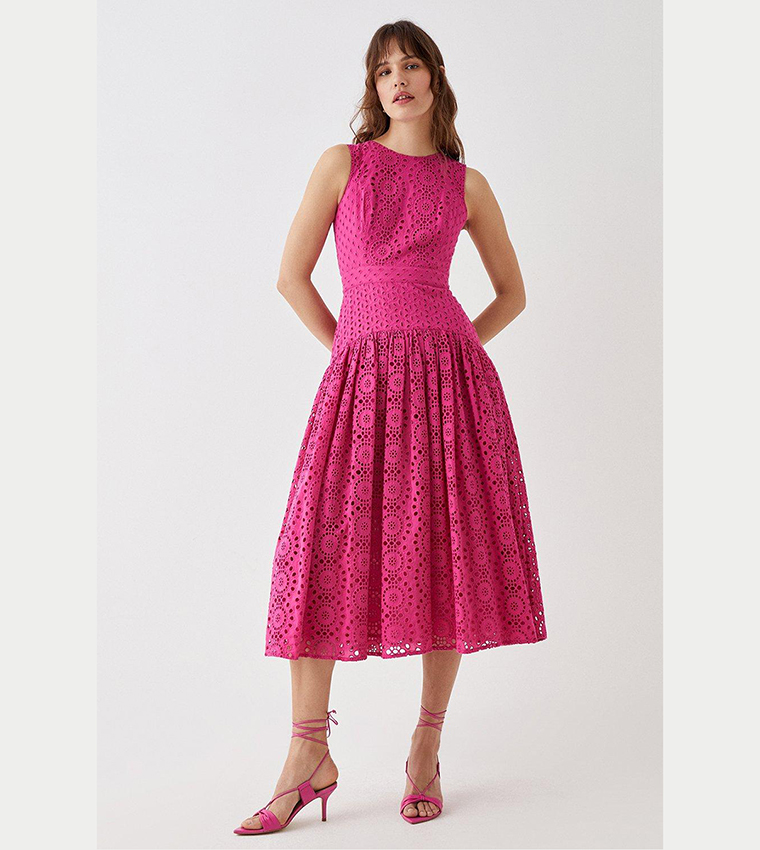 Buy Coast Panelled Drop Waist Broderie Midi Dress In Pink | 6thStreet UAE