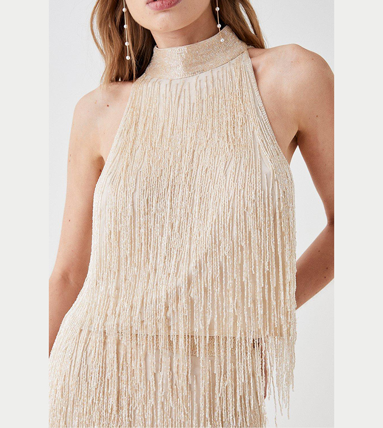 Buy Coast High Neck Champagne Embellished Fringe Top In CHAMPAGNE ...