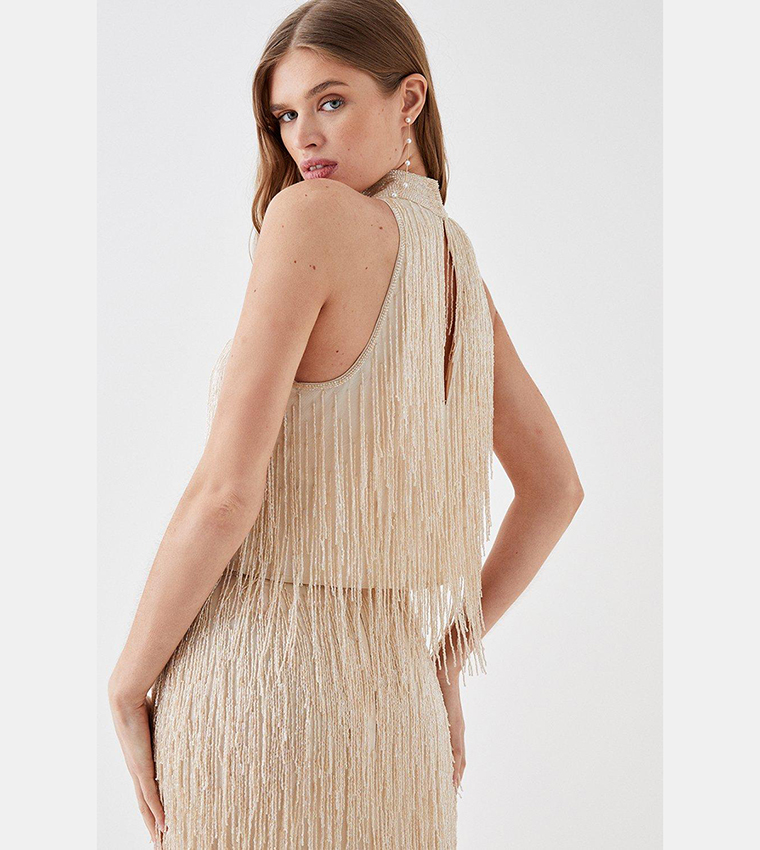 Buy Coast High Neck Champagne Embellished Fringe Top In CHAMPAGNE ...