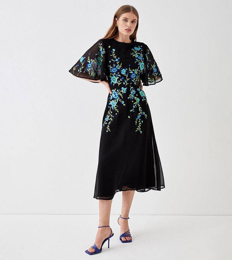 Buy Coast Trailing Floral Embroidered Angel Sleeves Midi Dress In Black ...