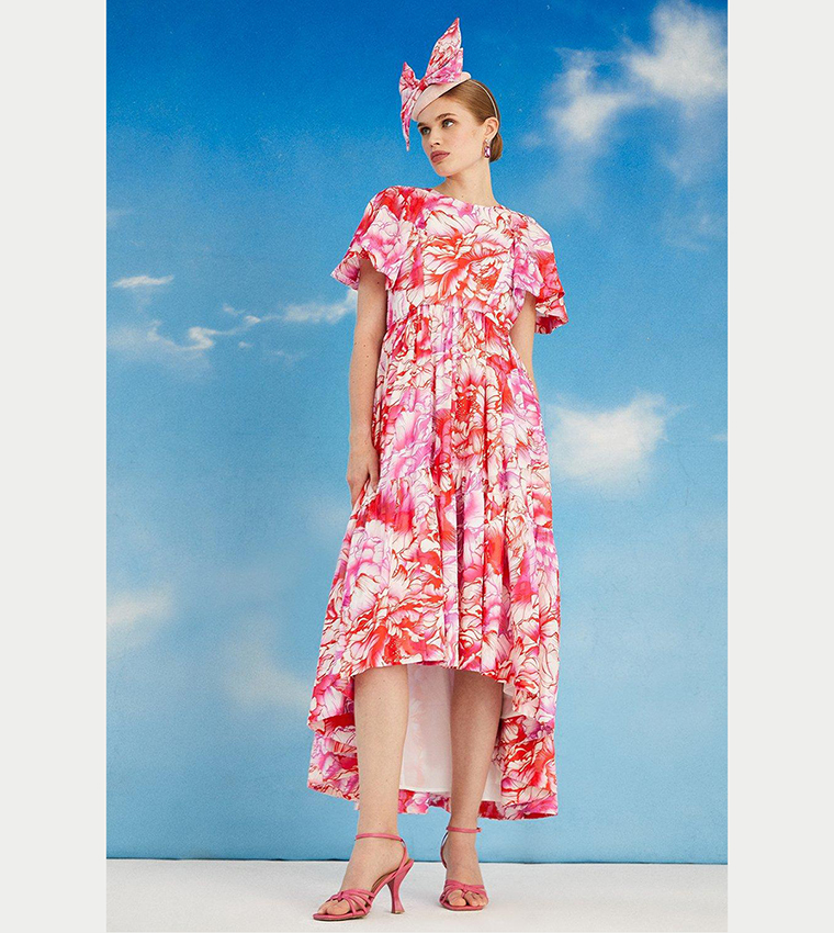 Buy Coast Lisa Tan Printed Ruffle Sleeves Midi Dress In Red | 6thStreet UAE