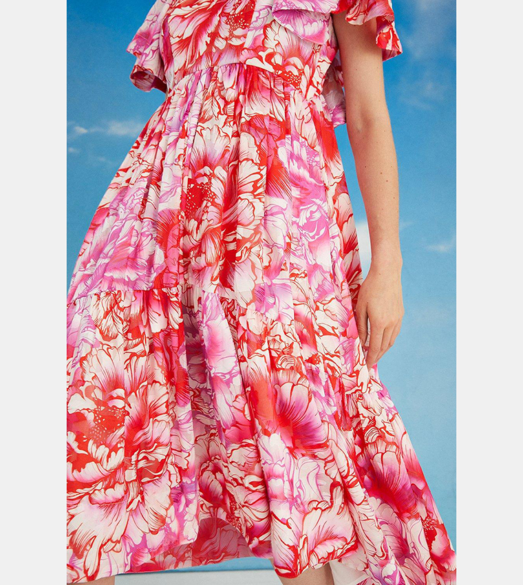 Buy Coast Lisa Tan Printed Ruffle Sleeves Midi Dress In Red | 6thStreet UAE