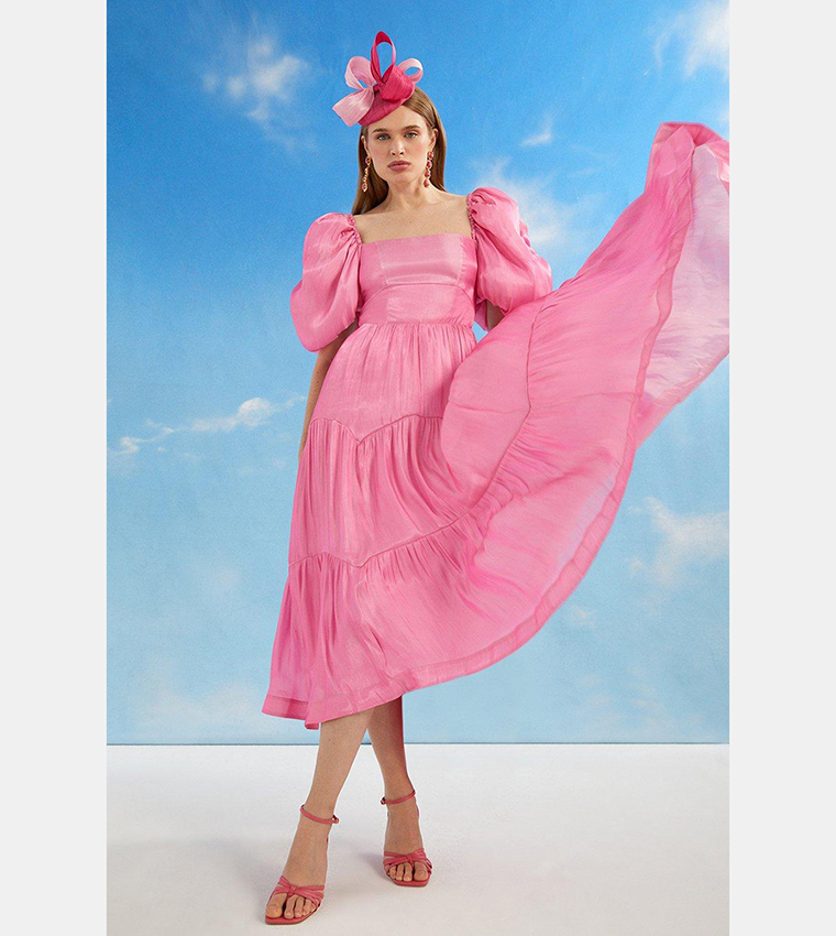 Buy Coast Lisa Tan Glossy Organza Tiered Midi Dress In Pink | 6thStreet ...