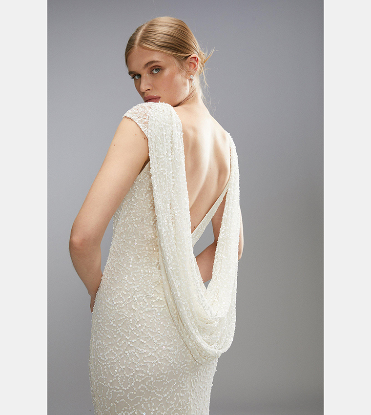 Buy Coast Draped Cowl Back Sequins Bridal Maxi Dress In Ecru ...