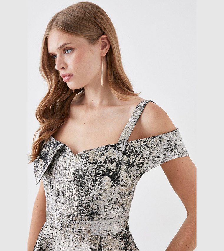 Buy Coast Bardot Fold Bodice Full Skirt Jacquard Dress In Silver ...