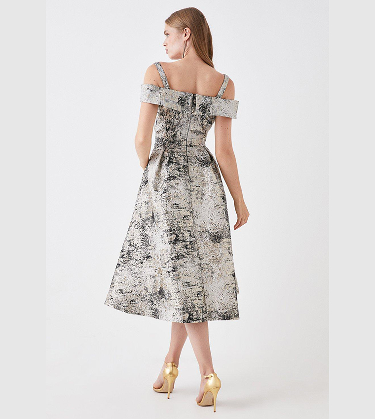 Buy Coast Bardot Fold Bodice Full Skirt Jacquard Dress In Silver ...