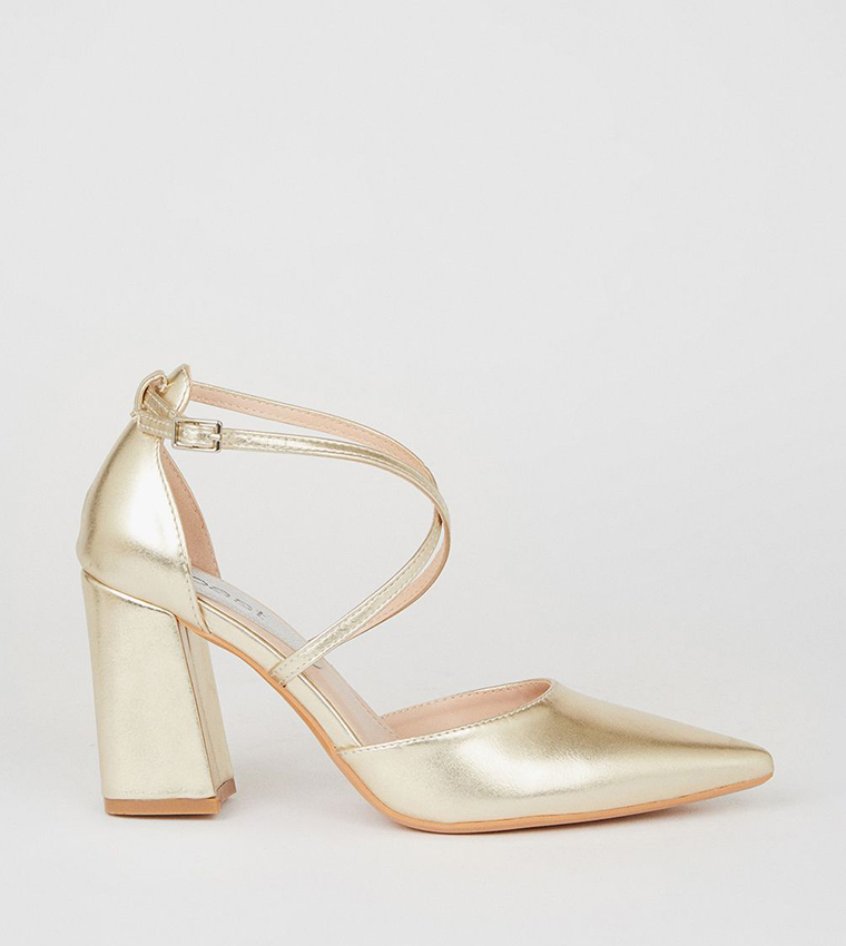 Buy Coast Treat Faux Leather Cross Strap Pointed Toe Block Heel Pumps ...