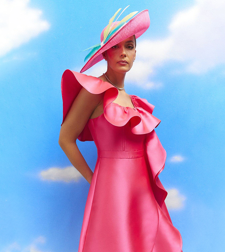 Buy Coast Lisa Tan Off Shoulder Ruffle Twill Midi Dress In Pink ...