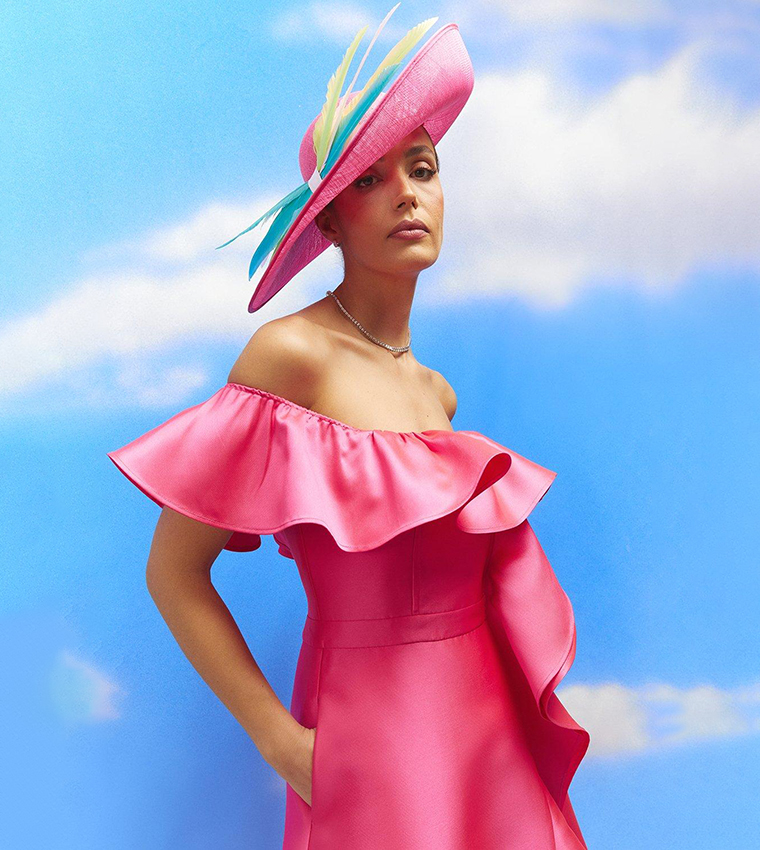 Buy Coast Lisa Tan Off Shoulder Ruffle Twill Midi Dress In Pink ...