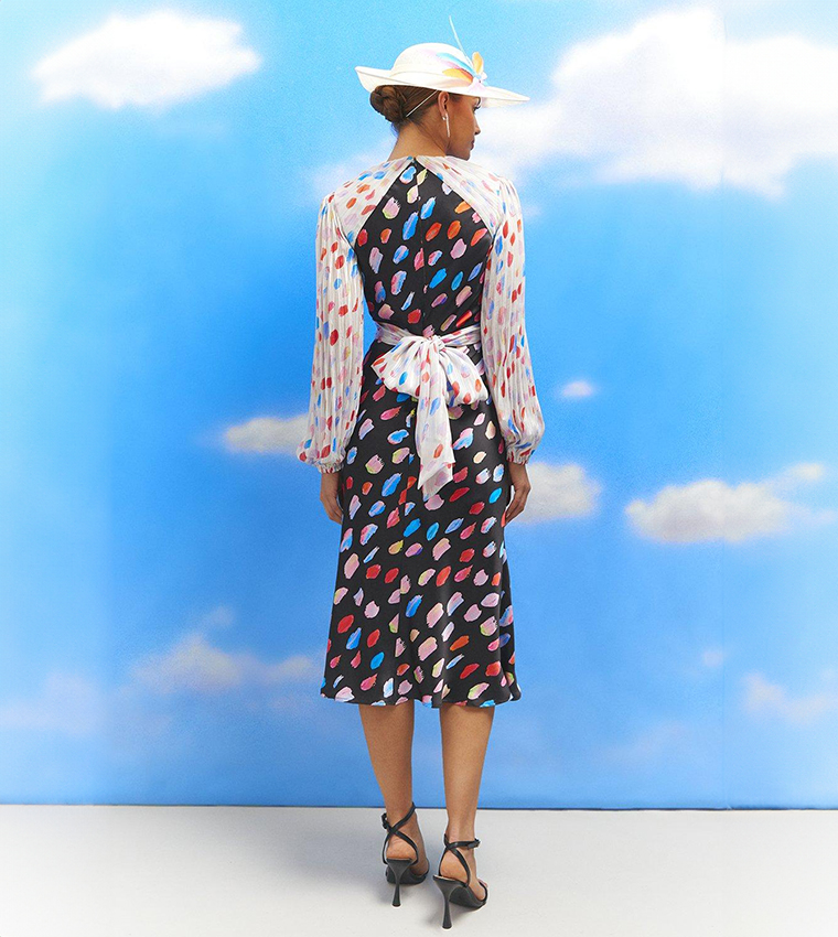 Buy Coast Lisa Tan Mixed Printed Chiffon Top Satin Skirt Midi Dress In ...