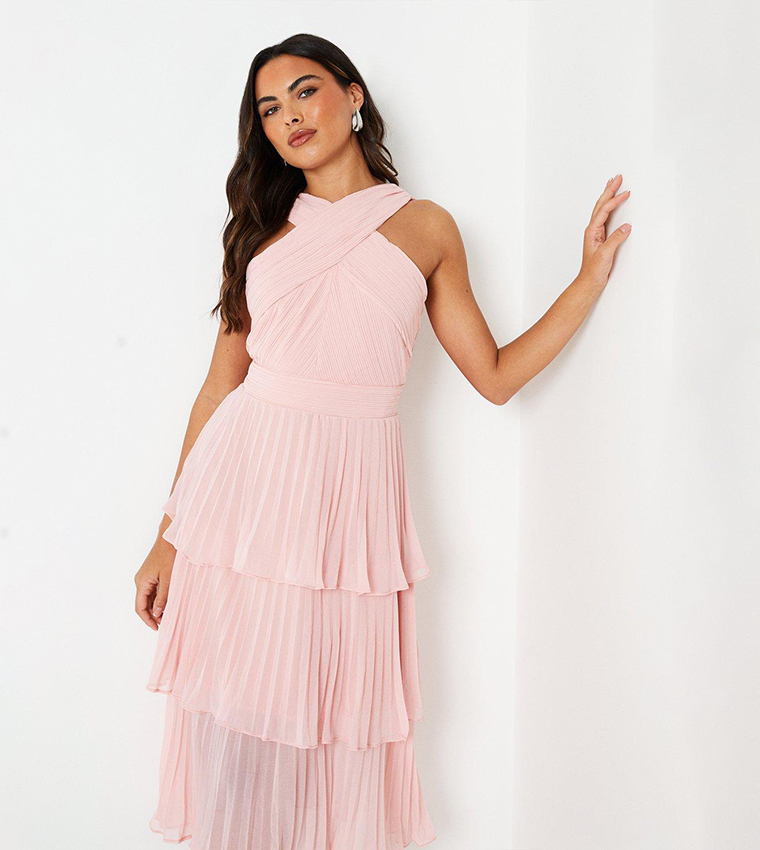 Buy Coast Pleated Bodice Chiffon Tiered Midi Dress In Pink | 6thStreet ...