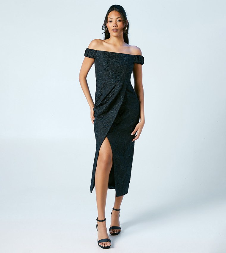 Buy Coast Jacquard Off Shoulder Bridesmaids Column Midi Dress In Navy ...