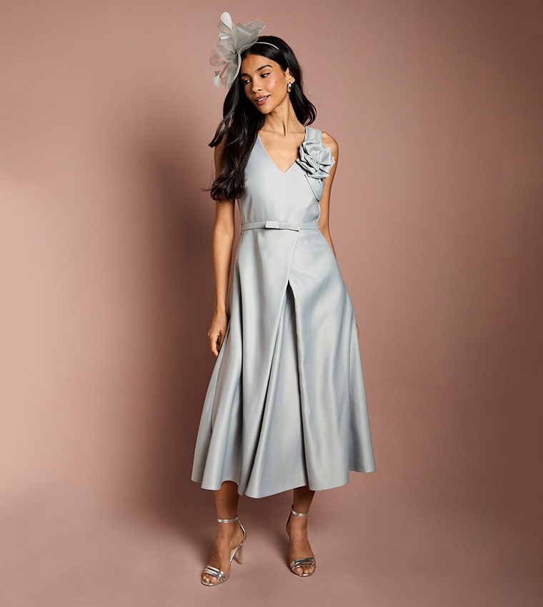Buy Coast Structured Satin 3D Corsage Midi Dress In Silver | 6thStreet UAE