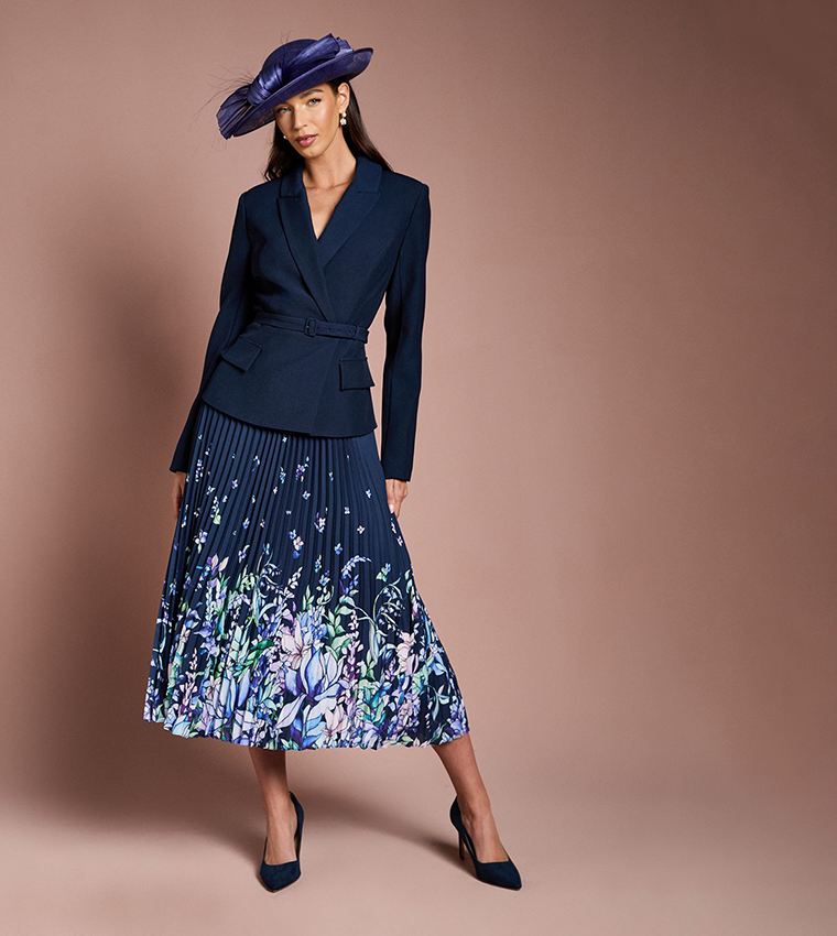 Buy Coast Lisa Tan Tailored Jacket And Pleated Midi Skirt In Navy ...