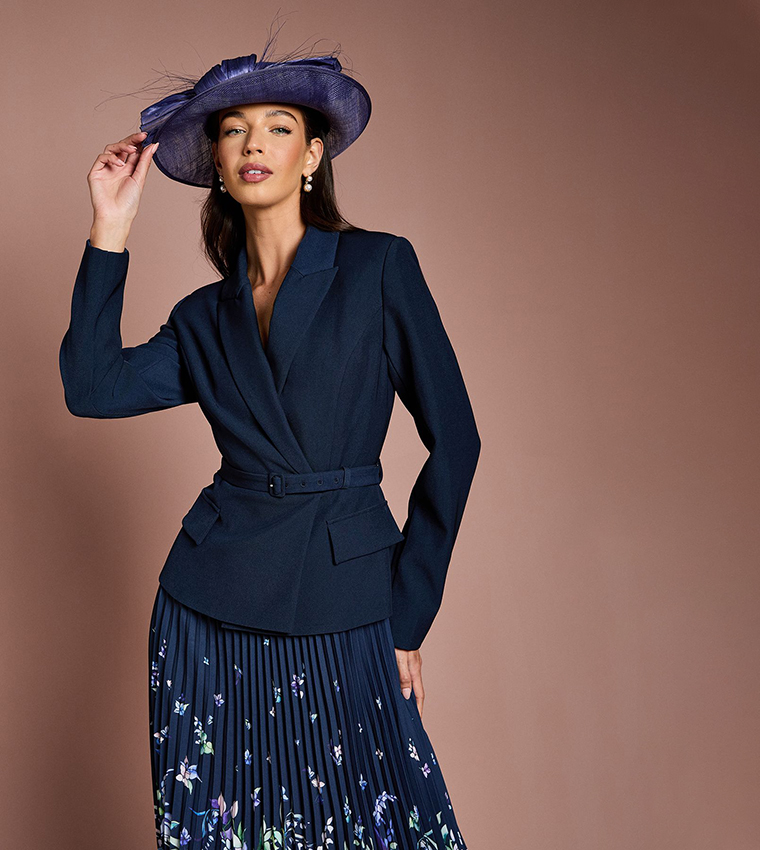 Buy Coast Lisa Tan Tailored Jacket And Pleated Midi Skirt In Navy ...